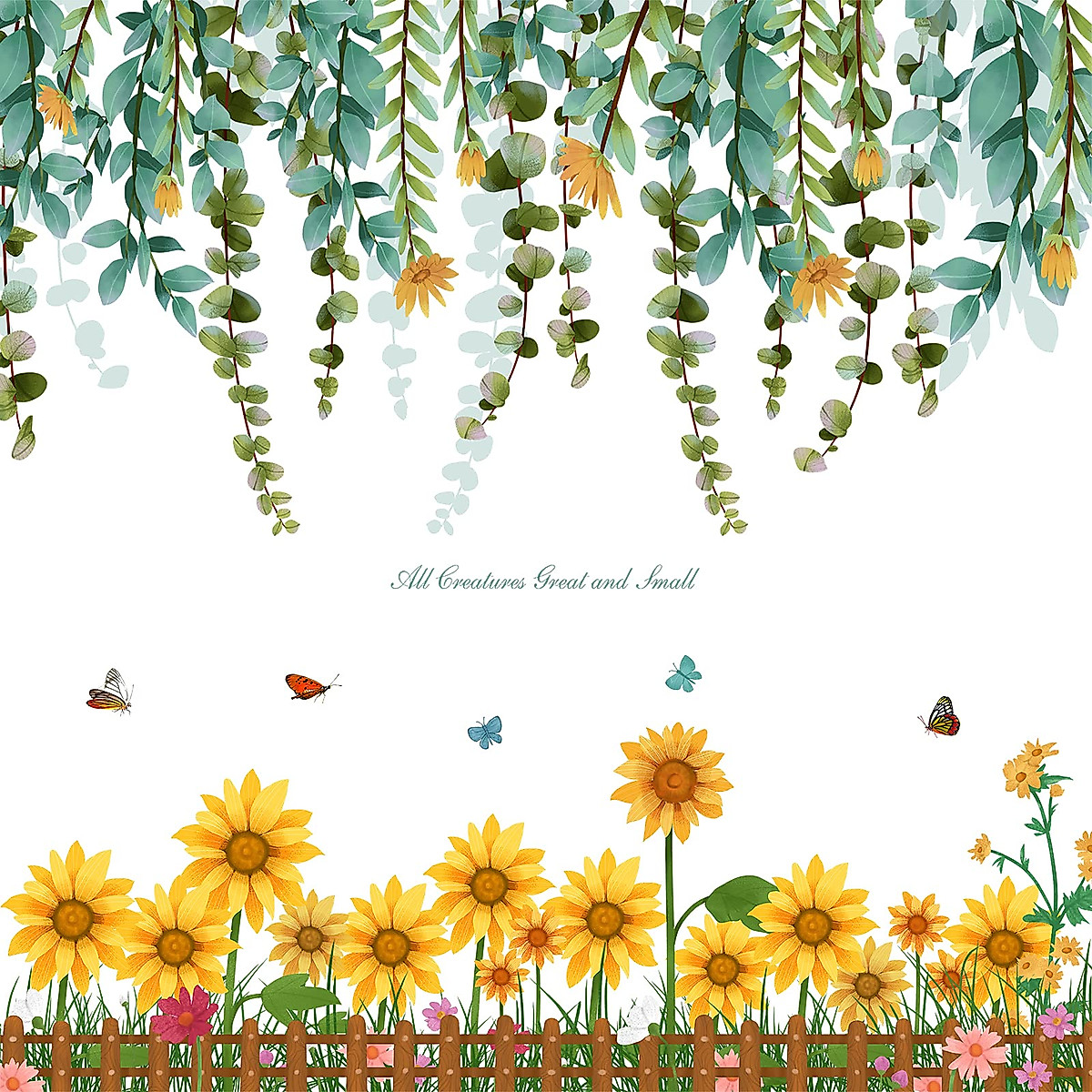 Tropical Plants Sunflower Vine Wall Corner Stickers, AUHOKY Removable Green Fresh Leaves Flower Wallpaper Decals, Garden DIY Art Mural for Nursery Bedroom Kitchen Offices Home Decorations (B)