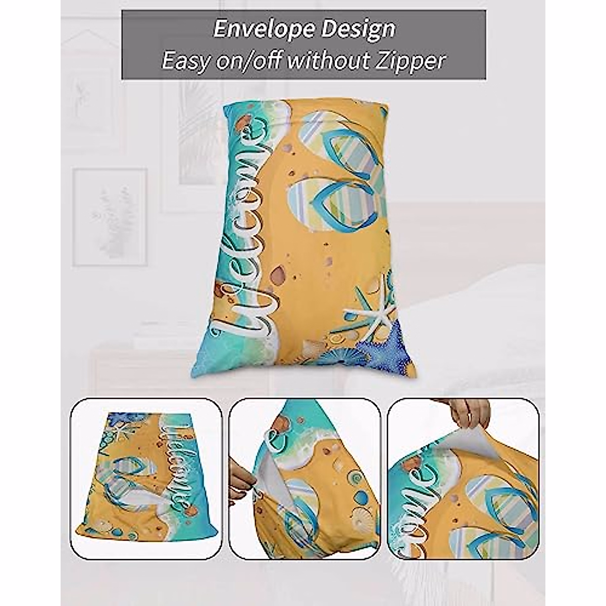 Edwiinsa Beach Pillow Covers Standard Size Set of 2 20x26 Bed Pillow, Summer Ocean Starfish Seashells Slippers Blue Sea Plush Soft Comfort for Hair/Skin Cooling Pillowcases with Envelop Closure