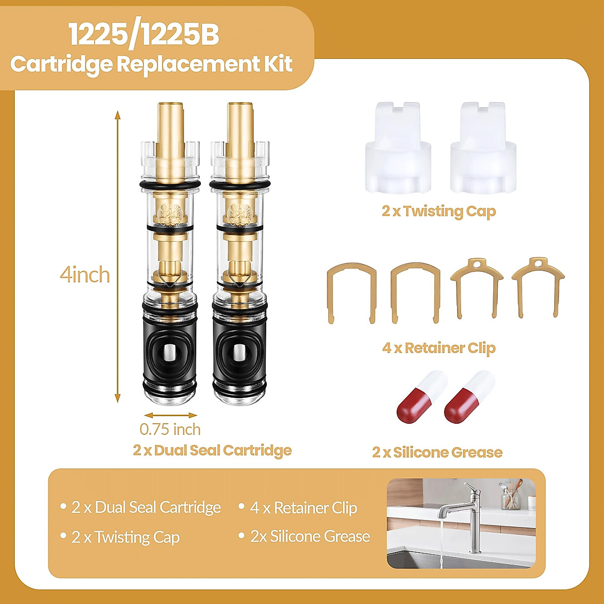 Fluronic 2 Pack 1225 Replacement Cartridge Compatible with Moen Single Handle Faucet/Showers, Dual Seal 1225/1225B Shower Cartridge Replacement Fits Bathroom Shower and Kitchen Sink Faucet Cartridge