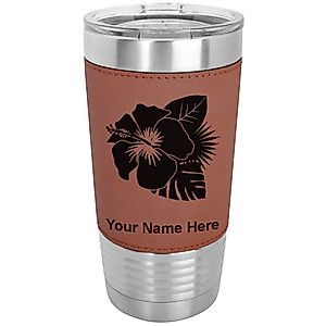 LaserGram 20oz Vacuum Insulated Tumbler Mug, Hibiscus Flower 2, Personalized Engraving Included (Faux Leather, Dark Brown)