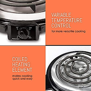 Elite Gourmet ESB-300X Single Countertop Coiled Burner, 1000 Watts Electric Hot Plate, Temperature Controls, Power Indicator Lights, Easy to Clean, Black