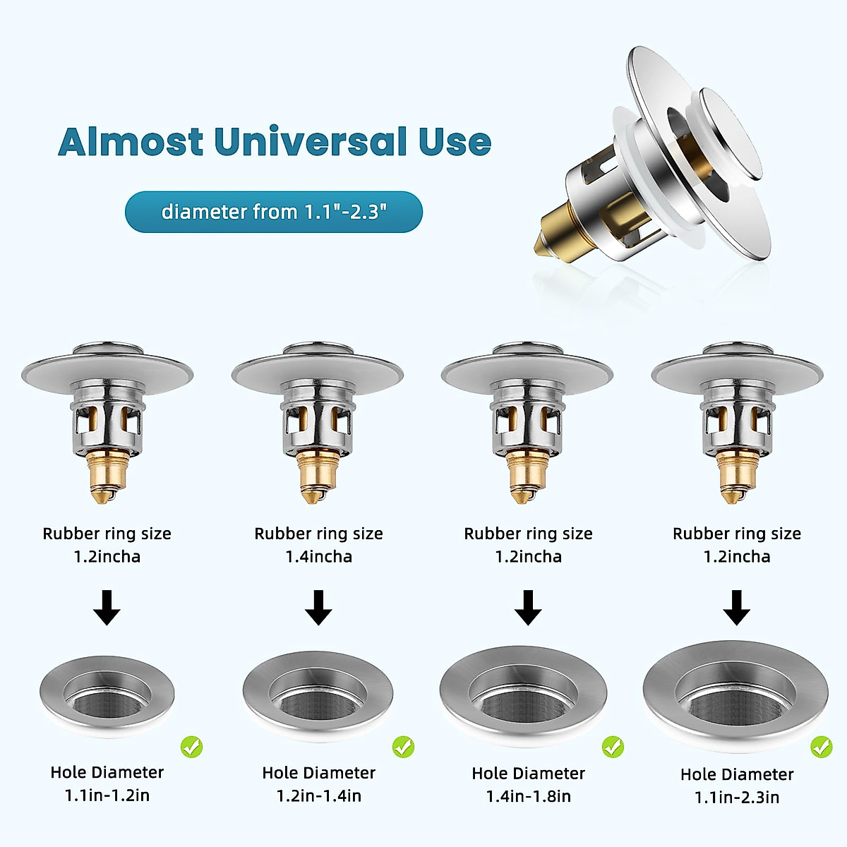 2PACKS Bathroom Sink Stopper for Standard Drain Holes, All Metal Bathroom Pop Up Sink Strainer with Bullet Core Push Type Stainless Steel Plug, Chrome Finish