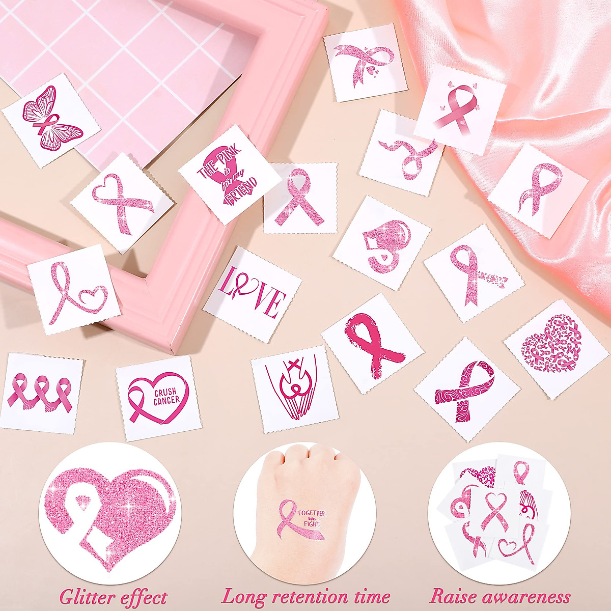 ADXCO 144 Pieces Pink Ribbon Glitter Tattoos Waterproof Breast Cancer Awareness Temporary Tattoos Skin Safe Pink Ribbon Tattoos Sticker for October Breast Cancer Awareness Month