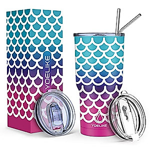 Yoelike 30 oz Mermaid Tumbler with Lid and Straw, Stainless Steel Vacuum Insulated Coffee Ice Cup, Double Wall Travel Mug, Sweat Proof - Keeps Cold for 24 Hours and Hot for 12 Hours