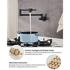 PHASAT Pot Filler Faucet,Black Pot Filler Wall Mount,Brass Kitchen Faucet Folding Stretchable with Double Joint Swing Arm,2 Handles with 2 Cartridges,Single Hole,Matte Black,PTZH01C