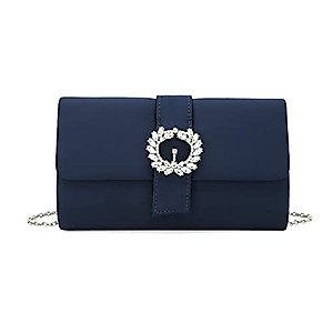CHARMING TAILOR Evening Bag Diamantes Embellished Satin Clutch Handbag for Woman Classy Party Purse with Beaded Brooch (Navy)