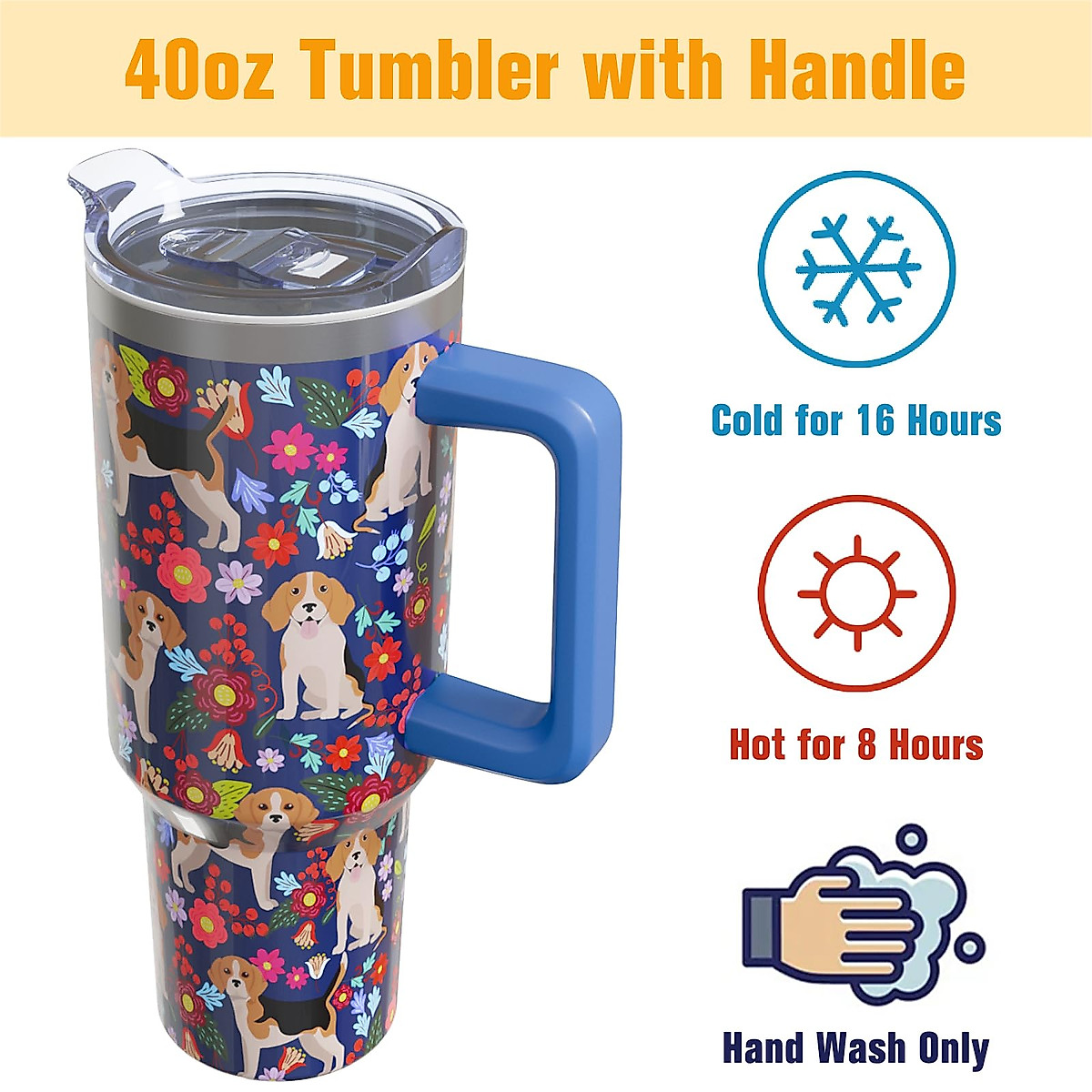 owbgsdh Beagle Gifts for Women Dog Lovers 40 oz Floral Beagle Tumblers with Handle and Straw, Stainless Steel Vacuum Insulated Travel Coffee Mug Cup Water Bottle