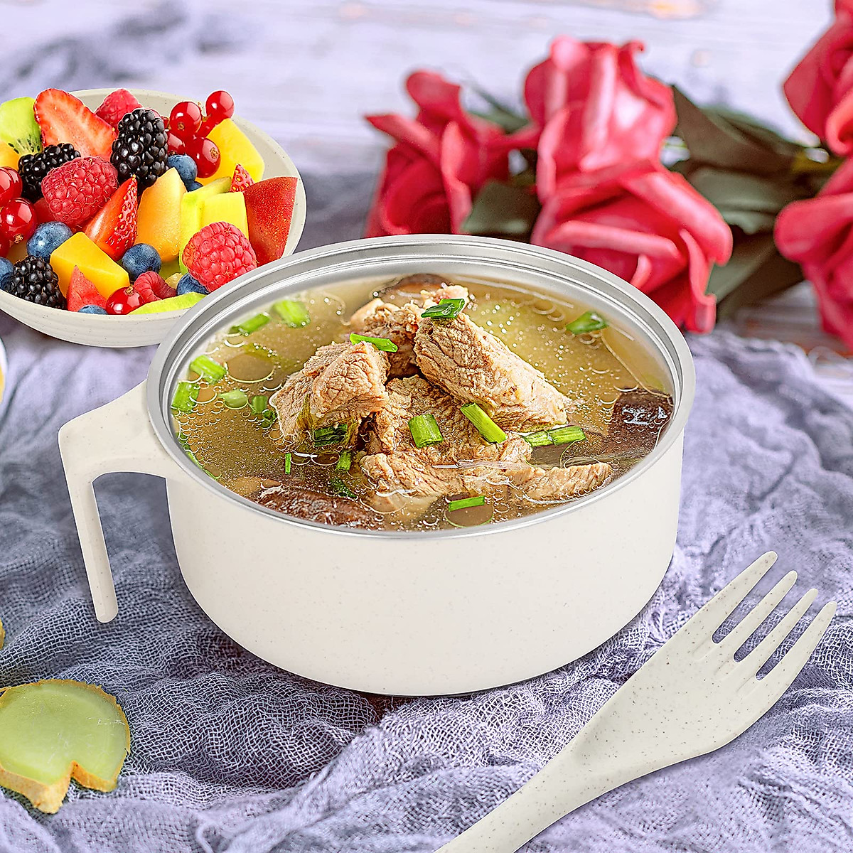 gfhfjheg Ramen Cooker Bowls set, Premium 304 Stainless Steel Liner Microwave Pasta Noodle Bowl kit Included Chopsticks spoon Fork Home College Dorm Room Essentials for Girls Boys, BPA Free, Off-White