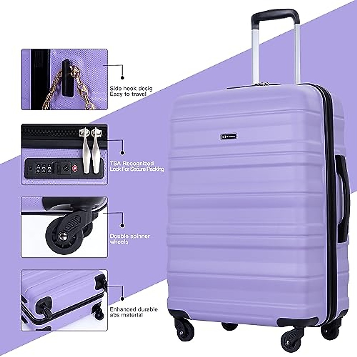 Travelhouse Expandable Hard Shell Luggage 3 Piece Set, PC Hard Wheel Luggage Set with Spinner Wheels, TSA Lock, 20 inch 24 inch 28 inch Women's suitcase set(light purple)