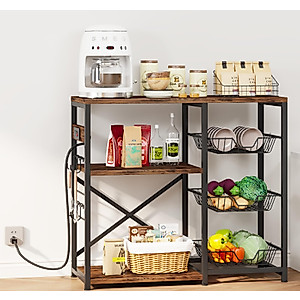 Homeiju Kitchen Island, Baker's Rack with Power Outlet, Microwave Stand, Coffee Bar with 3 Removable Wire Baskets, Kitchen Storage Rack with 6 S-Hooks for Spices, Pots and Pans - Rustic Brown