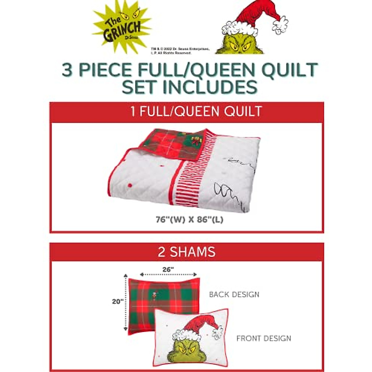 Franco Grinch by Dr. Seuss Holiday Bedding Super Soft Pillow Sham and Quilt Set, Full/Queen Size 76" x 86", (Official Dr. Seuss Product)