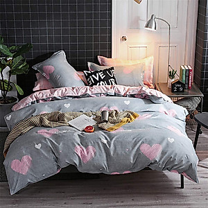 Koudi Kids Girls Duvet Cover Set Full Pink/Grey Reversible Soft Microfiber Bedding Set Sweet Heart and Pink White Plaid Bedroom Comforter Cover for Teen Girls 3pcs