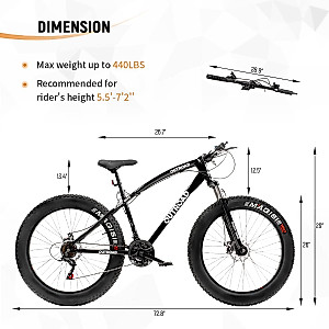Outroad Fat Tire Mountain Bike with 26 inch Wheels, 21 Speed with High Carbon Steel Frame, Double Disc Brake and Front Suspension Anti-Slip Bikes