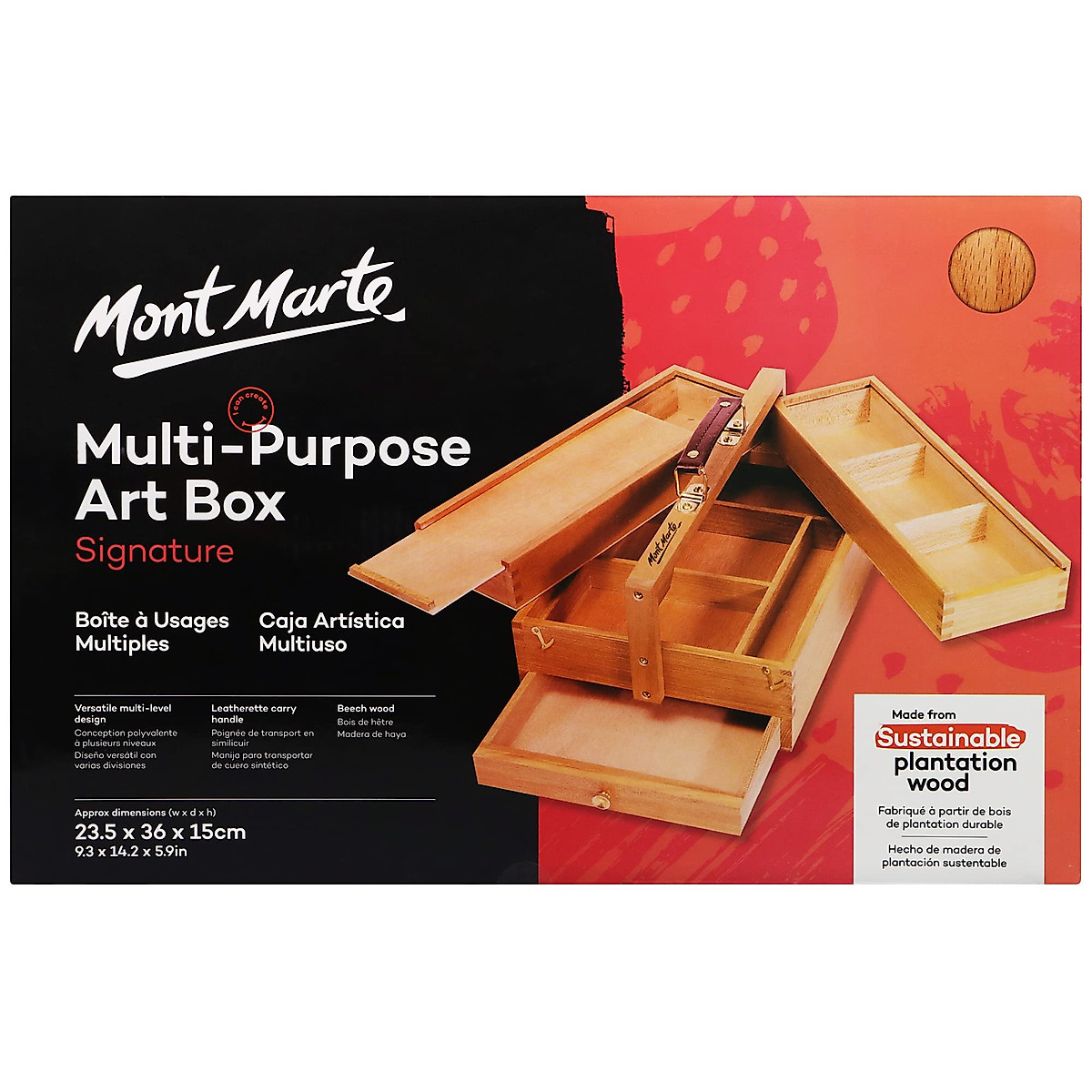 Mont Marte Multi-Purpose Wooden Art Box. 3 Layers of Storage for Organizing Art Supplies. Features a Leather Carry Handle for Easy Transport