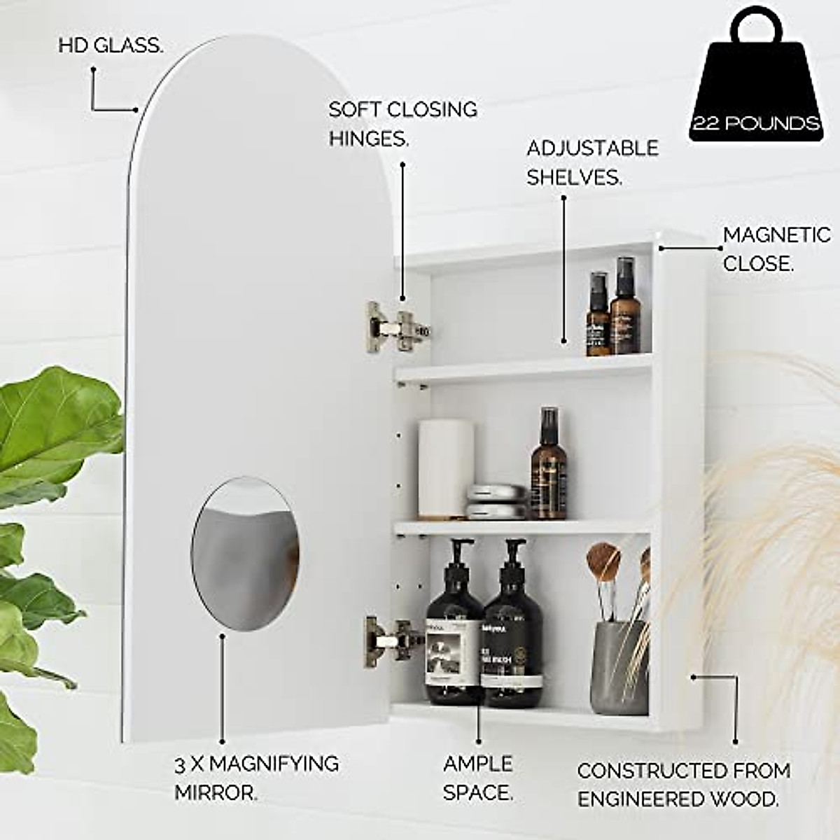 Arched Medicine Cabinets for Bathroom with Mirror, Semi Recessed Or Surface Mounted Bathroom Mirror Cabinet with Storage - 17" x 32" in, Bathroom Medicine Cabinet with Mirror -Modern Arched Cabinet