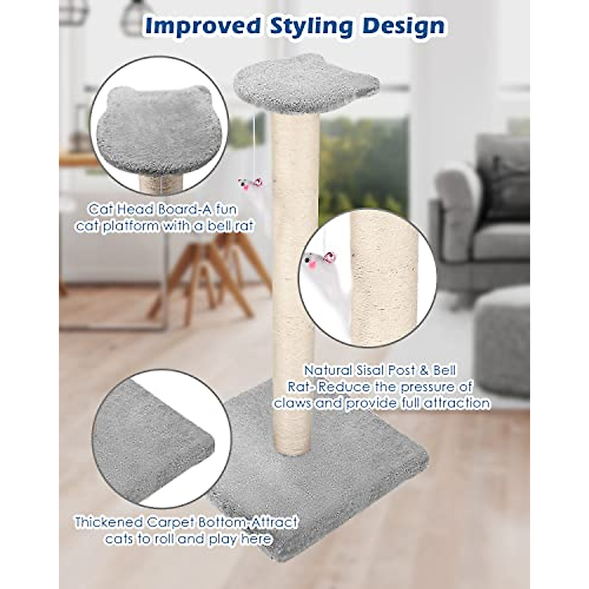 SEIOHW Cat Scratching Post, 32" Scratch Post with Sisal Rope, Tall Cat Scratcher with Bell Mouse Toy & Cat Head Perch, Scratching Post for Indoor Cats (Light Grey)