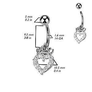 Pierced Owl 14GA 316L Stainless Steel CZ Crystal Paved Hollow Heart and Crown Belly Button Ring (Rose Gold Tone/Pink)