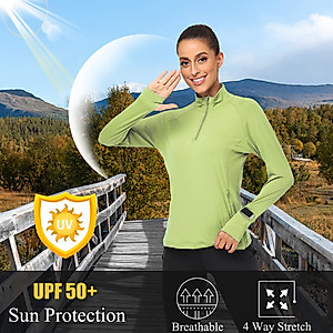 CUNYI Womens UPF 50+ Sun Protection Long Sleeve Quarter Zip Pullover Quick Dry Hiking Shirts with Zipper Pockets Workout Tops, Light Green, XXL