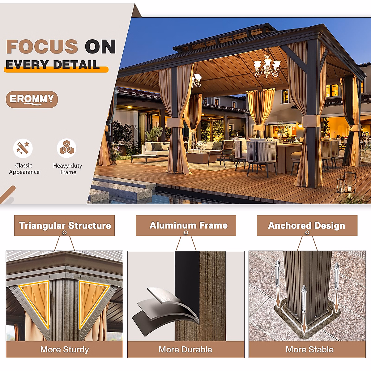 EROMMY 12'x18' Hardtop Gazebo,Galvanized Steel Double Roof Metal Gazebos with Curtain and Netting, Brown Permanent Pavilion Canopy with Aluminum Frame for Patios,Gardens,Lawns