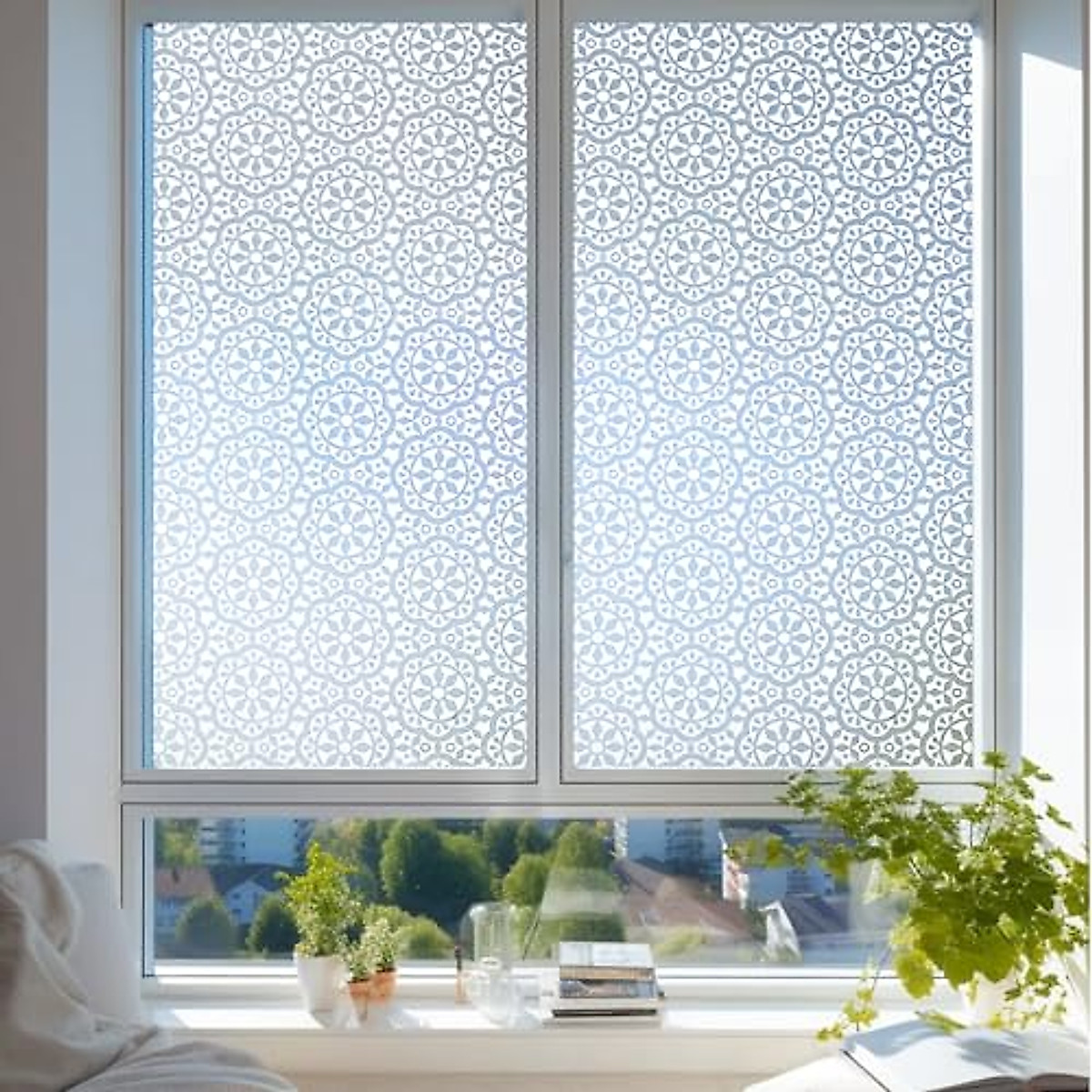 Coavas Window Privacy Film Static Cling, Non-Adhesive Removable Privacy Window Film, Frosted Glass UV Blocking Window Tint for Home, Office, Bathroom (White Lace 23.6 x 78.7 in)