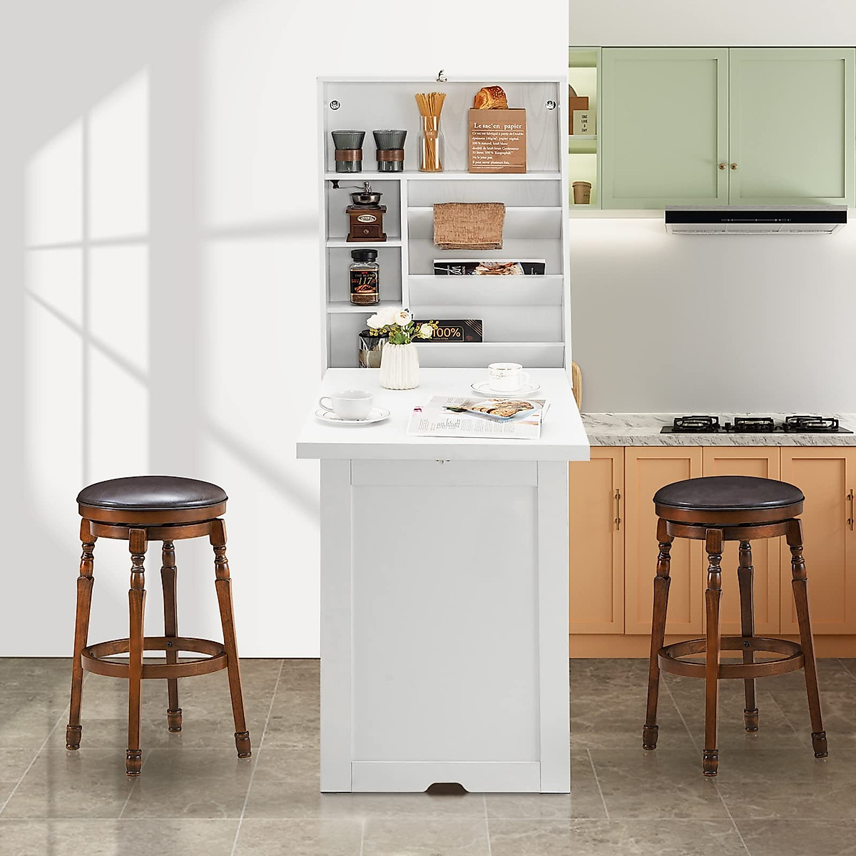 IFANNY Folding Wall Mounted Desk, Fold Down Desk with Storage Shelves, Wood Convertible Desk for Small Spaces, Murphy Desk Wall Mount, Floating Desk for Home Office (White)