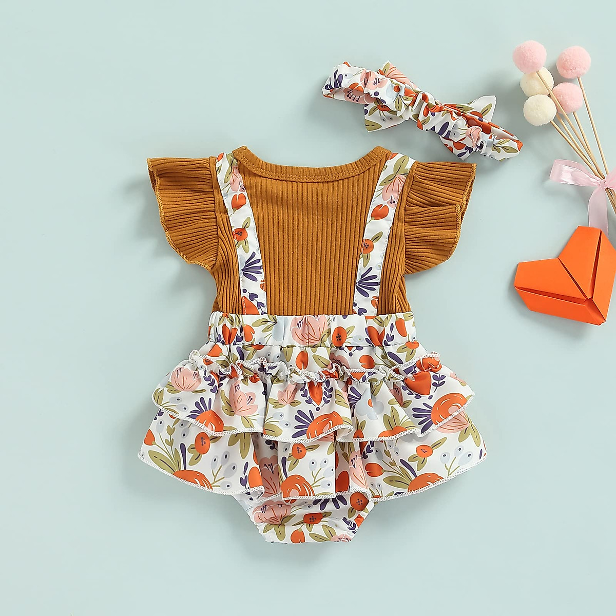 Frietlebird Newborn Baby Girl Clothes Floral Romper Ruffle Sleeve Onesie Dress with Headband Spring Summer Outfit (B-Purple,0-3 Months)