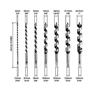 QWORK Auger Drill Bit Set, 7 Piece Set 9" Auger Bit Set Hardened Alloy Steel Ship Auger Bit Creates Deep Clean Hole Precise Drilling for Wood Drilling 1/4", 3/8", 1/2", 5/8", 3/4", 7/8",1"