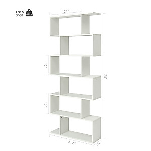 Giantex Geometric Bookcase White, S-Shaped Wooden Bookshelf, 6-Tier Modern Freestanding Decorative Storage Display Shelves for Bedroom, Living Room