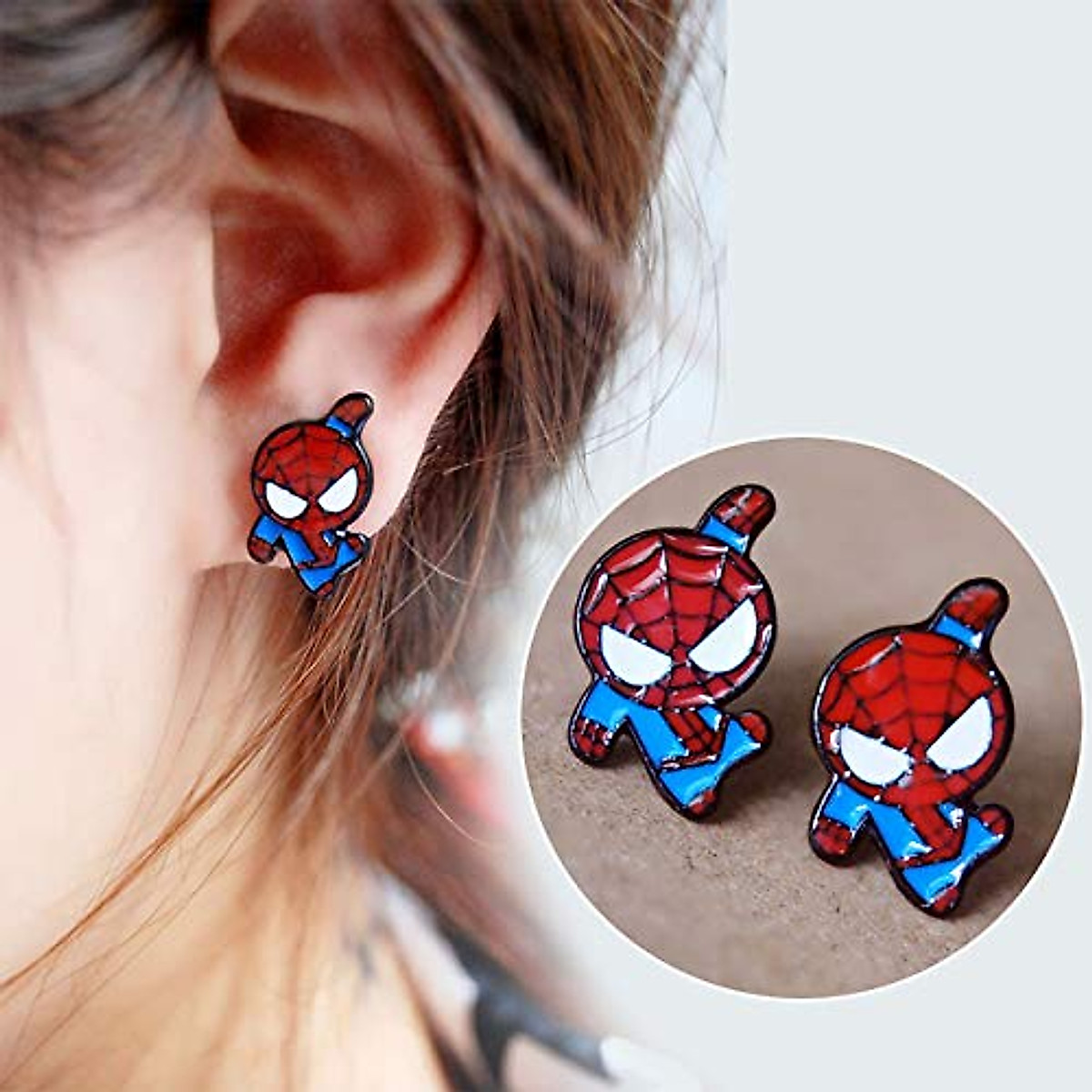 Lovely Cartoon Spider Man with Charm Section Web Brass Necklace Cool Jewelry for Women Girls (Earring)