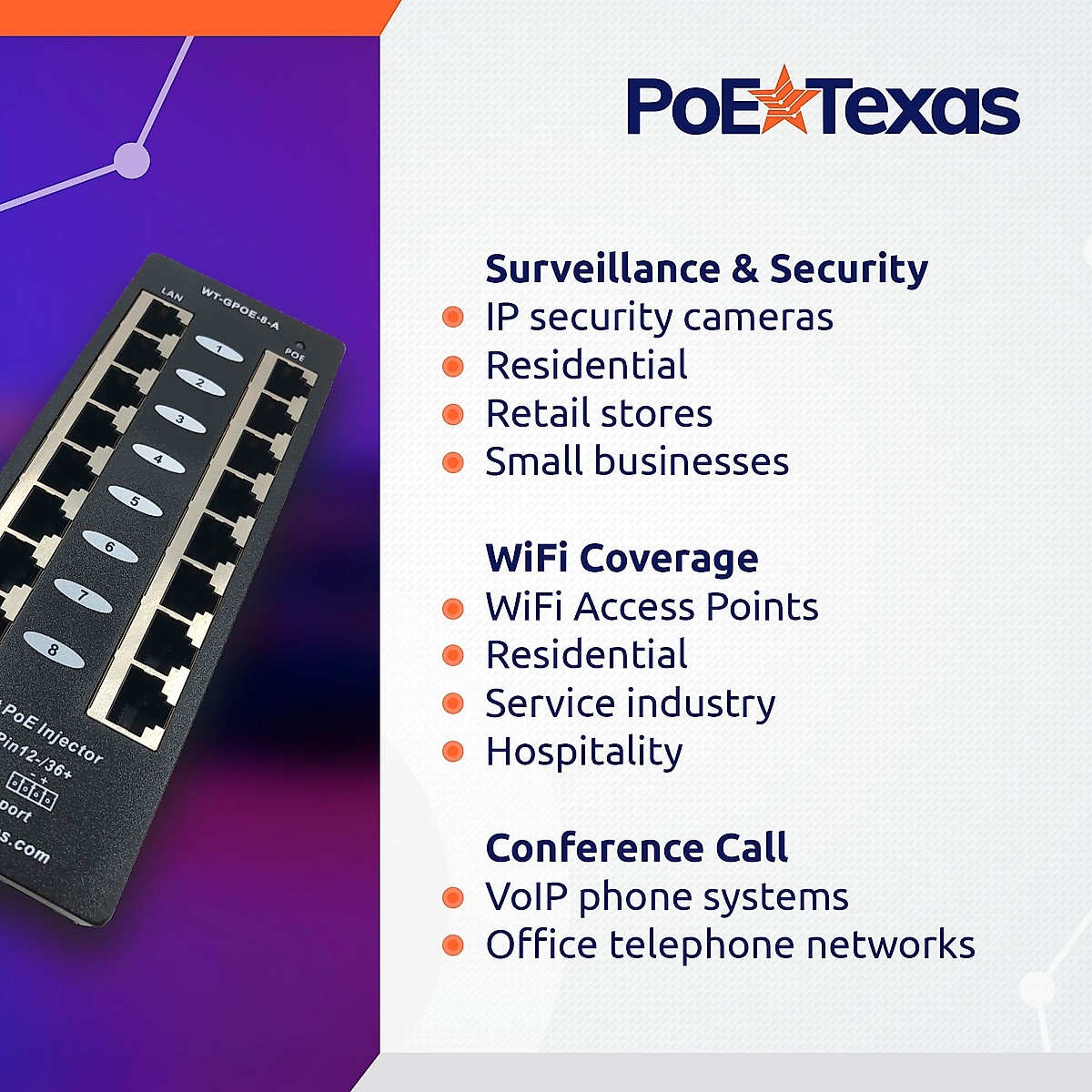 PoE Texas 8 Port PoE Injector - Gigabit Passive Power Over Ethernet Midspan - Front Wall Mount for Security Cameras, IP Phones, WiFi APs - Works with Non-PoE Switch, Includes 48v 120w Power Supply