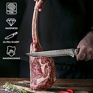 RedCall Boning & Fillet Knife,Ultra Sharp Japanese Boning Knife,Damascus Steel Butchers Knife,Full Tang & Ergonomic Handle Ideal Gift