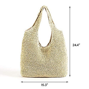 QTKJ Hand-woven Soft Large Straw Shoulder Bag Boho Straw Handle Tote Retro Summer Beach Bag Rattan Handbag (Beige)