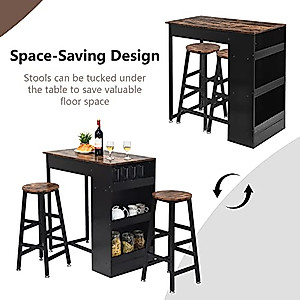 COSTWAY 3 Pieces Bar Table and Chairs Set, Counter Height Dining Table with 2 Bar Stools and 3 Shelves, Industrial Pub Kitchen Table Set for Living Room, Restaurant, Bar, Brown