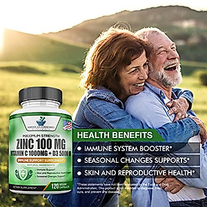 Zinc 100mg, Vitamin C 1000mg, Vitamin D 5000IU per Serving, Immune Support for Adults, Immune System Booster Supplements, Non GMO, No Filler, No Stearate, 120 Vegan Capsules, 60 Day Supply