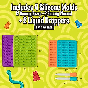 Gummy Bear & Worm Silicone Candy Molds, 4 Pack Set - Nonstick Trays with 2 Droppers for Chocolate, Ice Cubes, BPA-Free -Makes up to 62 Candies -Summer Camp Birthday Gift