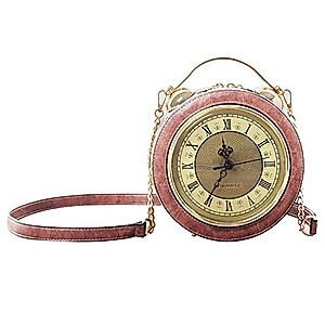 Clock Bag Real Working,Vintage Crossbody Messenger Bag, SteamPunk Style Shape Leather Bag Circular Handbag Chain Shoulder Female bag (Pink)