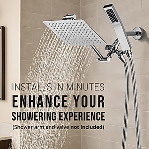 G-Promise All Metal Dual Square Shower Head Combo | 8" Rain Shower Head | Handheld Shower Wand with 71" Extra Long Flexible Hose | Smooth 3-Way Diverter | Adjustable Extension Arm - A Bathroom Upgrade