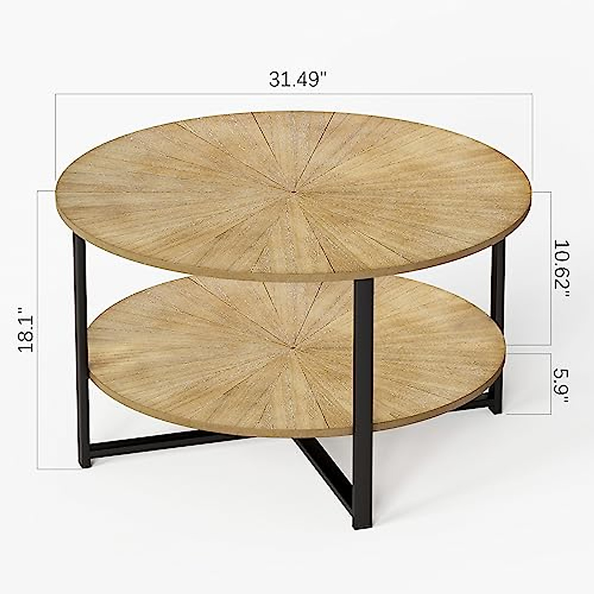 3imothrix Round Wood Coffee Table, Coffee Table with Storage Open Shelf, 31.49 inch 2 Tier Solid Wood Veneer Circle Coffee Table for Living Room (Coffee Table)