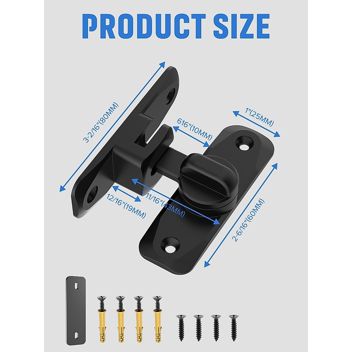 MeBantoo 90/180 Degree Flip Barn Door Lock, Protect Privacy - Security Sliding Door Latch, Small Gate Latches Hardware for Barn, Garden, Bathroom, Cabinet, Window (Black-1PC)