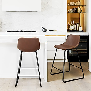 LUE BONA Bar Stools Set of 3, 24" ALX Faux Leather Barstools, Modern Counter Height Stools with Back and Metal Legs, Armless Counter Chairs for Kitchen Island, Brown