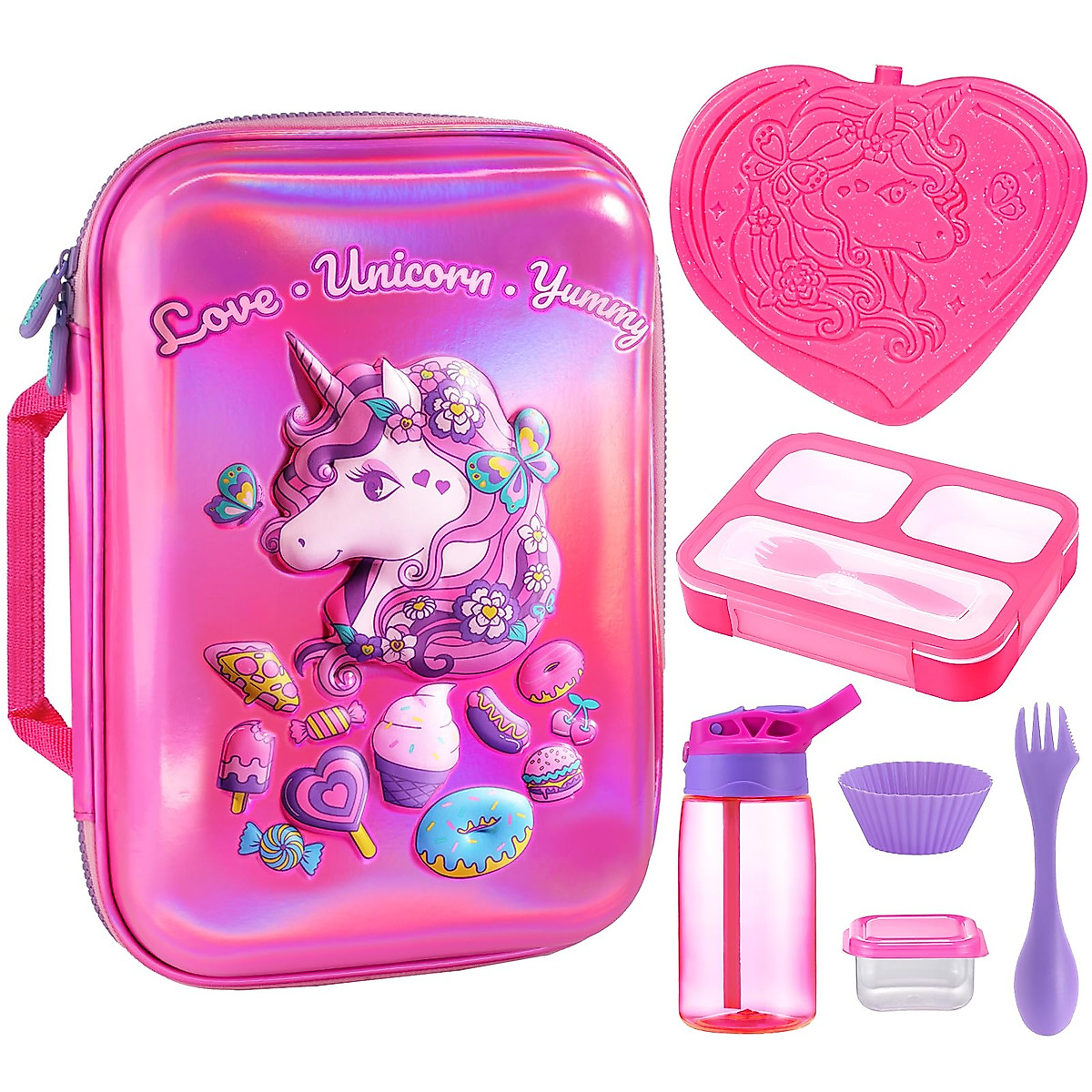 COO&KOO Unicorn Lunch Bag Lunch Box Set, Insulated Lunch Bag with 3 Compartment Bento Box Ice Pack Water Bottle Silicon Cap Spoon Salad Container for Lunch Kid's School Supplies Ideal for Age 7-15