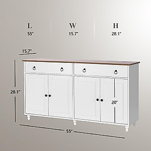 4ever2buy Mid-Century Sideboard Buffet Cabinet with Storage, 55" Coffee Bar Cabinet with 2 Drawers and 4 Doors, White Kitchen Buffet Storage Cabinet for Living Dining Room