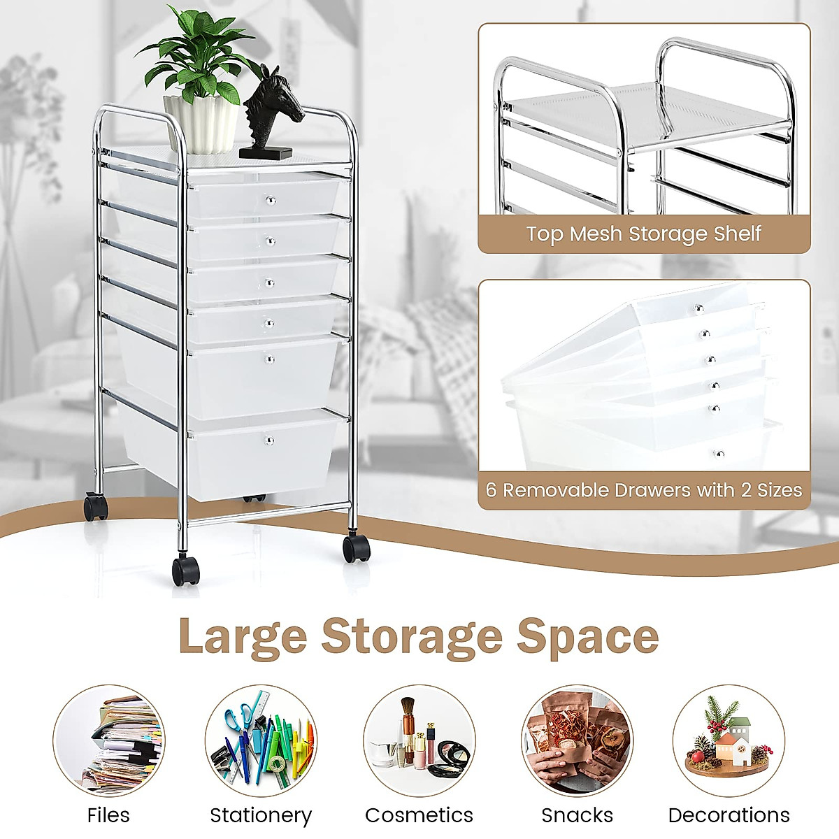 SILKYDRY 6-Drawer Rolling Storage Cart, Multipurpose Utility Drawers Cart with Wheels, Removable Drawers for Craft Scrapbook Tool Paper, Art Organizers and Storage for Home Office School (Clear)