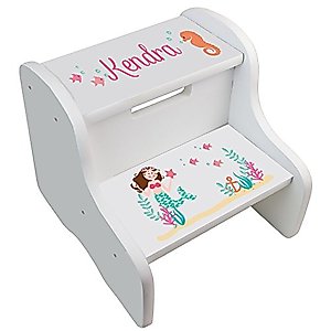 Personalized Brunette Mermaid Princess White Two Step Stool