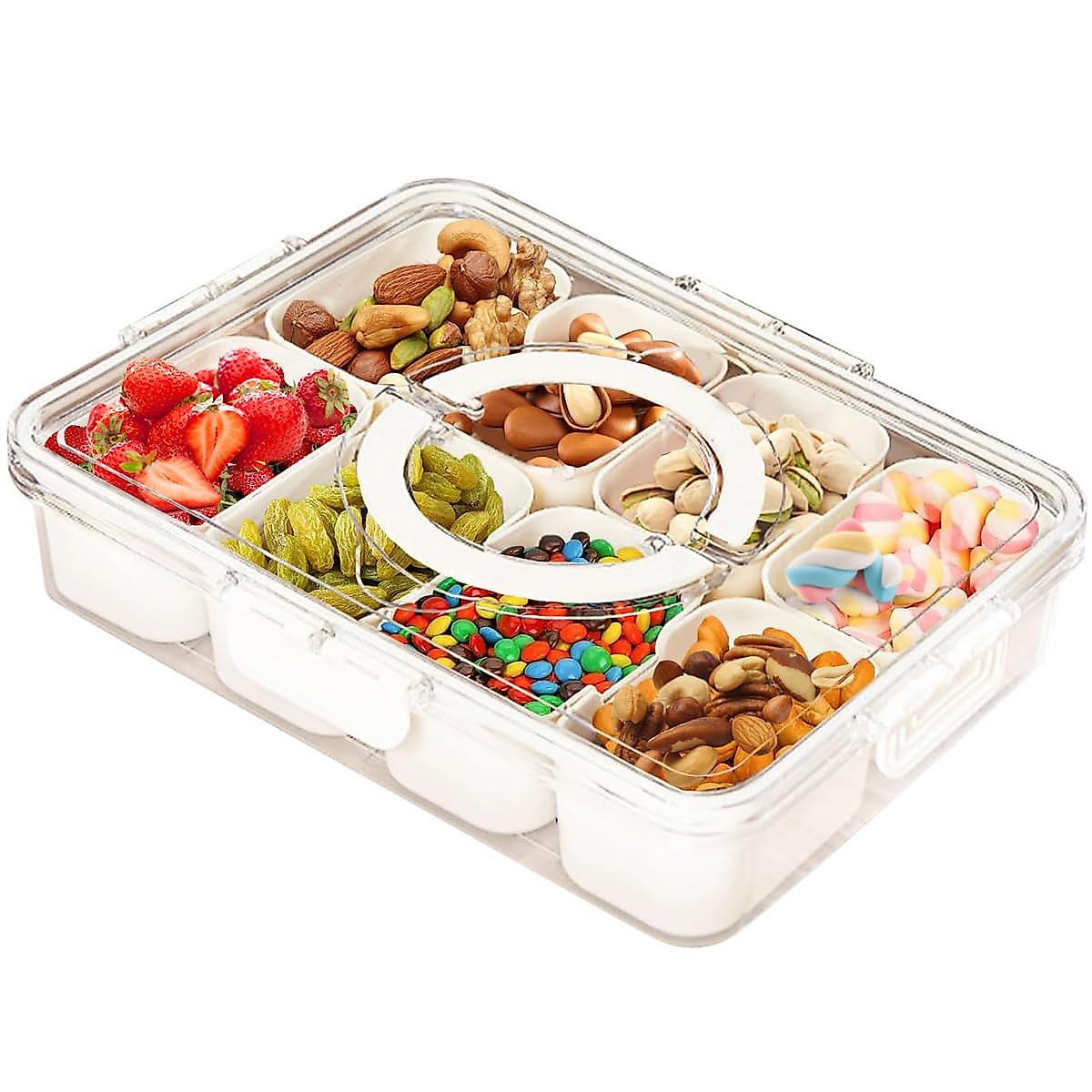 Luxital Divided Serving Tray with Lid and Handle - Portable Snackle Box Container - Snackle Box for Travel - Clear Organizer for Fruit, Veggie, Candy, Nuts - Perfect for Party, Picnic (2L)