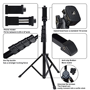 60" Selfie Tripod for iPhone with Remote Shutter Phone Holder Compatible with iPhone Android for Selfie/Video Recording/Vlogging/Live Streaming Heavy Duty Aluminum, Lightweight Tripod Black