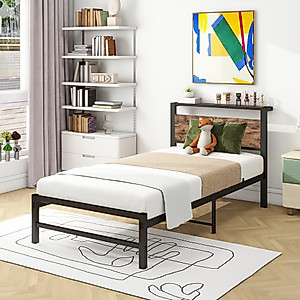 ARFARLY Twin Bed Frames Platform Bed Frame with Wood Storage Headboard No Box Spring Needed,Strong Slats Mattress Foundation,Easy Assembly,Black+Brown