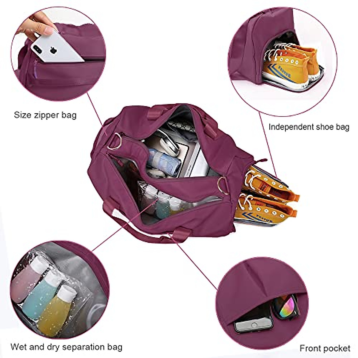 Small Gym Bag for Women and Men, Workout Bag for Sports and Weekend Getaway, Waterproof Dufflebag with Shoe and Wet Clothes Compartments (Purple)
