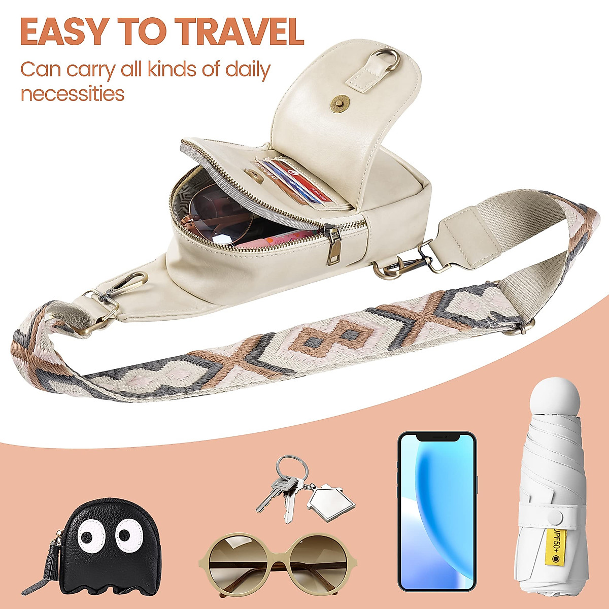 KFXFENQ Sling Bag for Women PU Leather Sling Bag Small Crossbody Sling Backpack Multipurpose Chest Bag for Women Cycling (Beige)