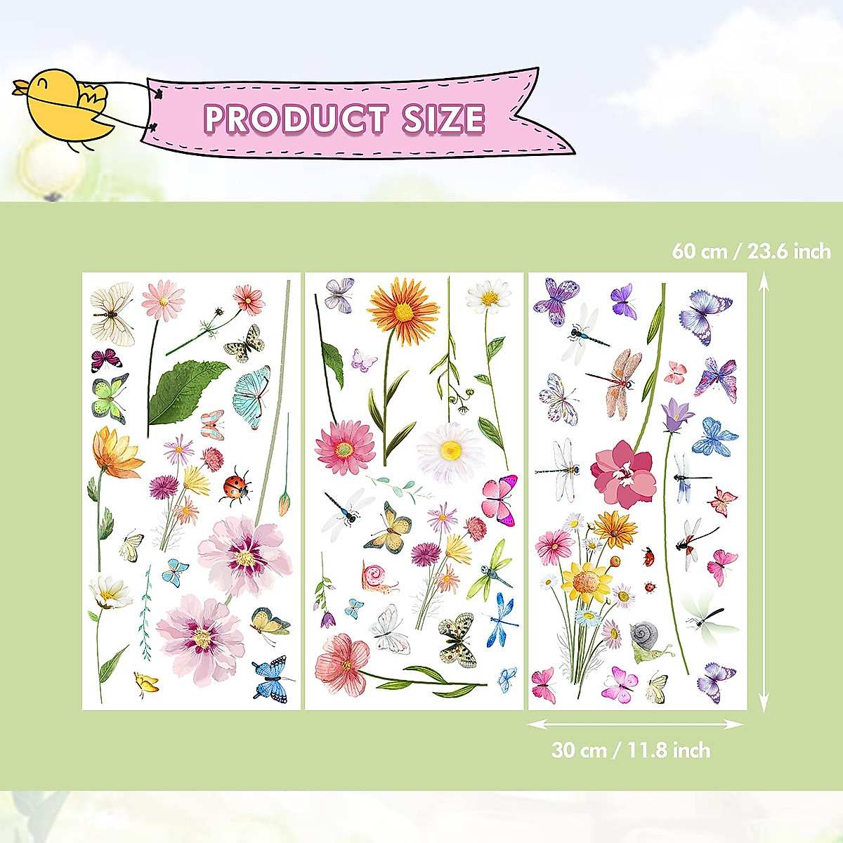 Flowers Butterflies Wall Decals Chrysanthemums Dragonflies Rose Botanical Wall Stickers Fairy Decals PVC Removable Wall Art Decals for Girls Bedroom Nursery Decor, 23.6 x 11.8 Inch (Cute Style)